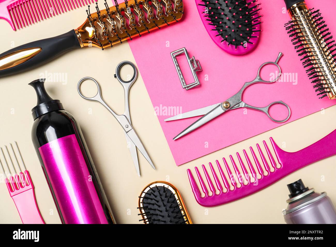 Flat lay composition of professional scissors and other hairdresser's ...