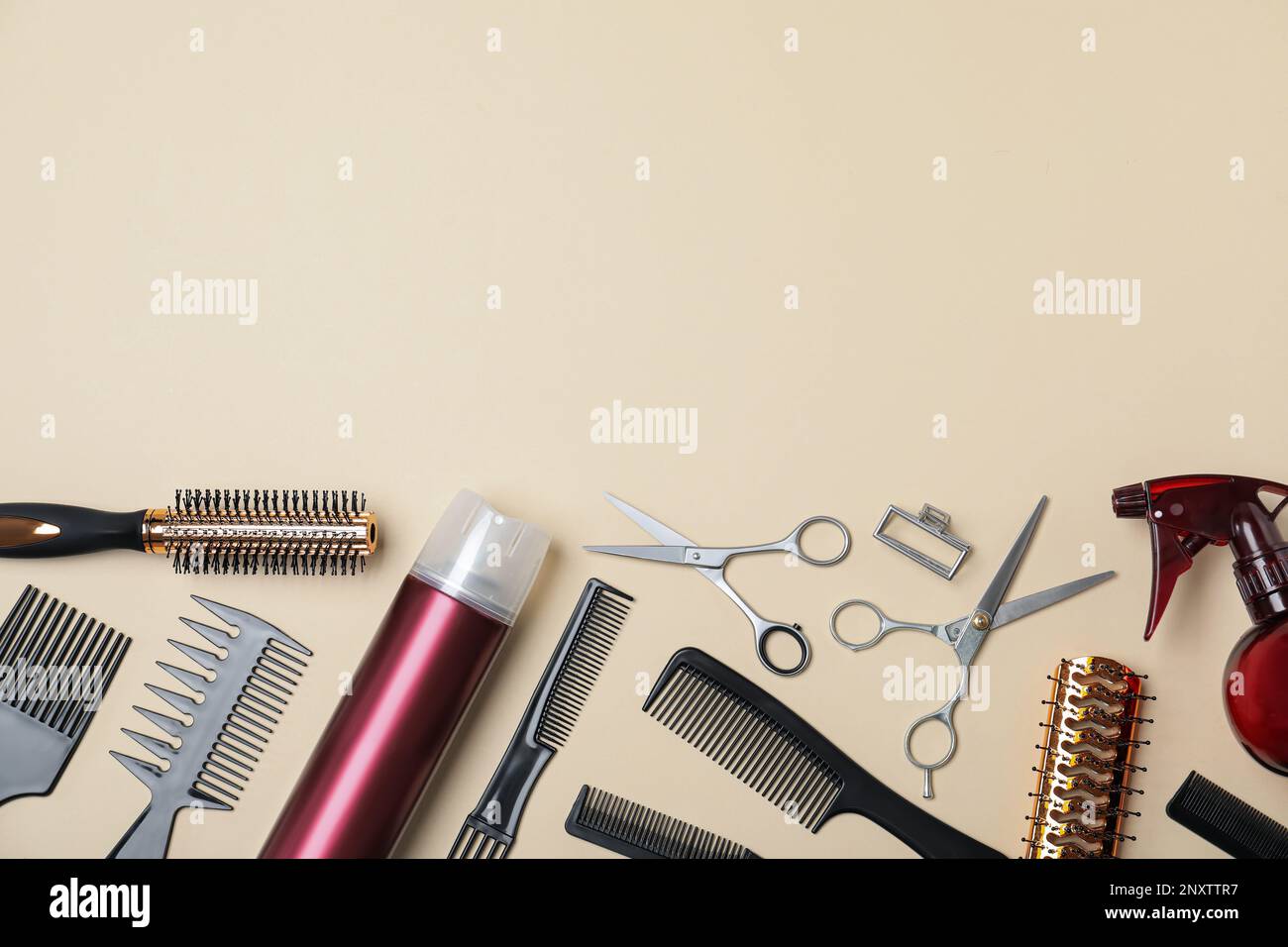 Flat lay composition of professional scissors and other hairdresser's ...