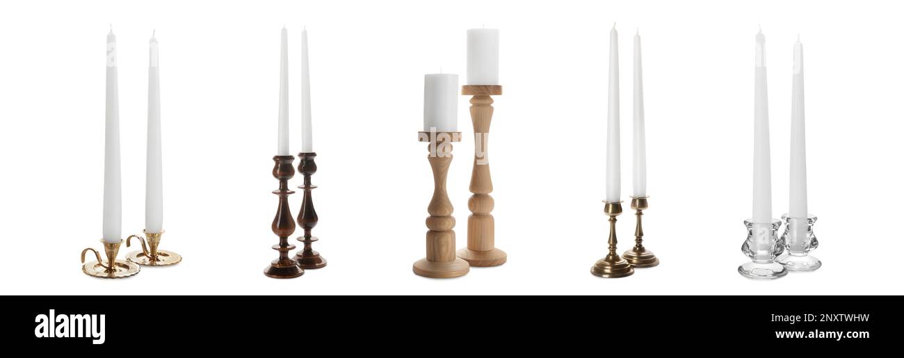 Set with different stylish candlesticks on white background, banner ...