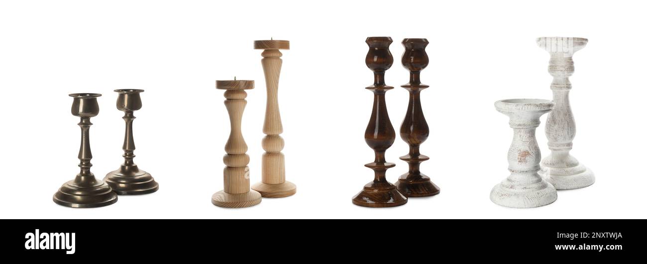 Set with different stylish candlesticks on white background, banner ...