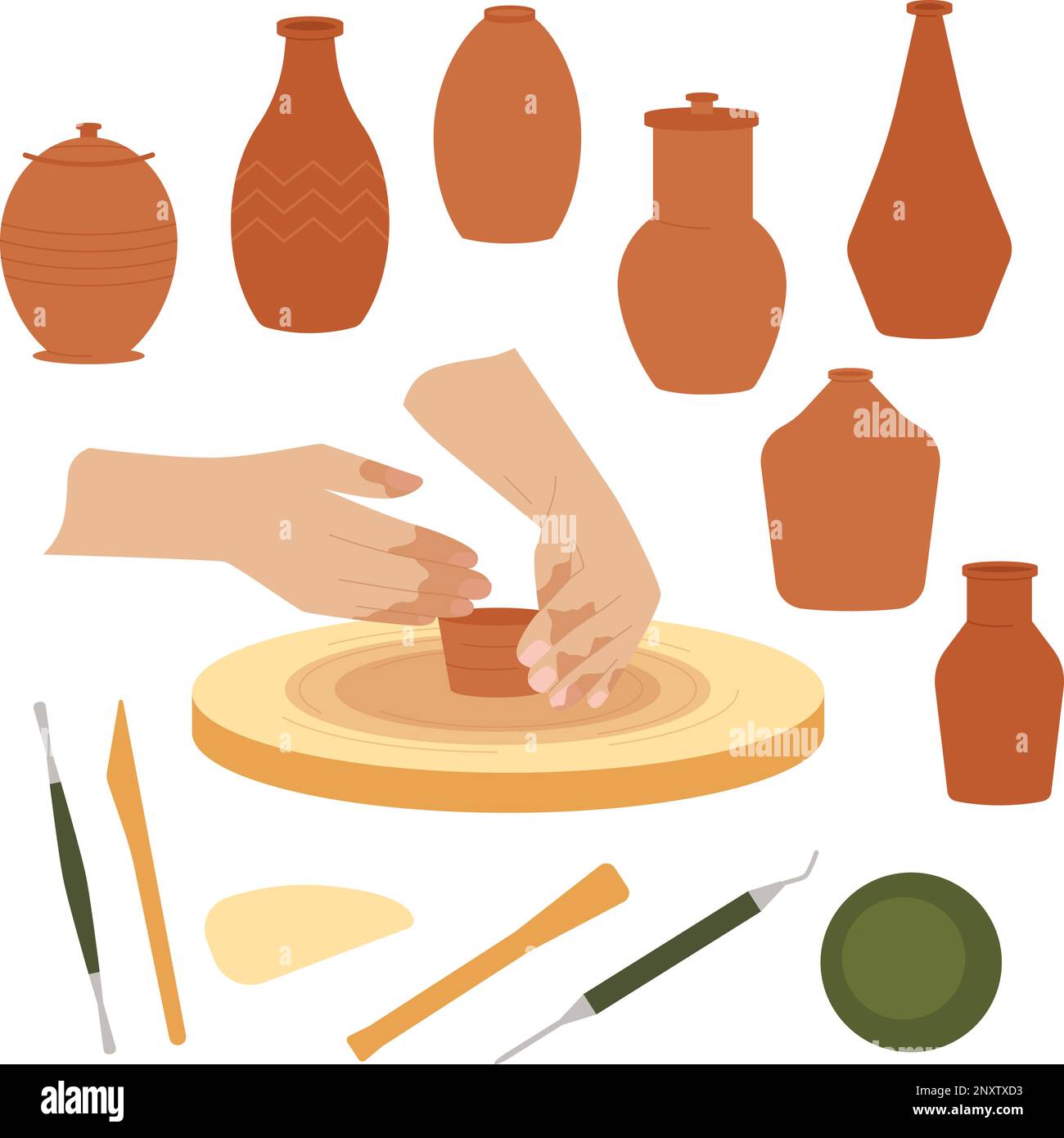 Hands craft flat composition with set of isolated icons with pottery ...