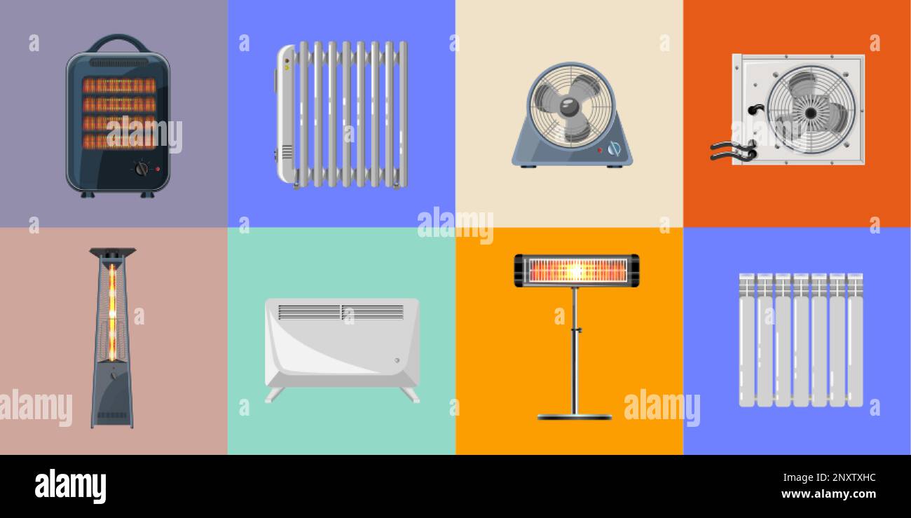 Heaters set in flat style with various house and outdoor heating ...