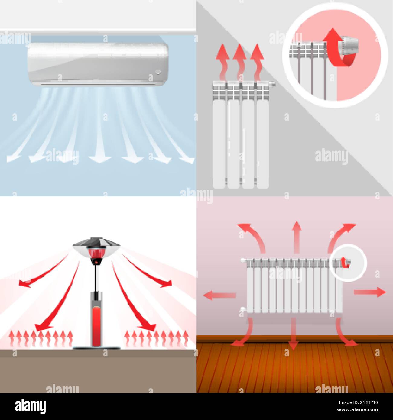 Various house and outdoor heaters with arrows showing air flows flat ...