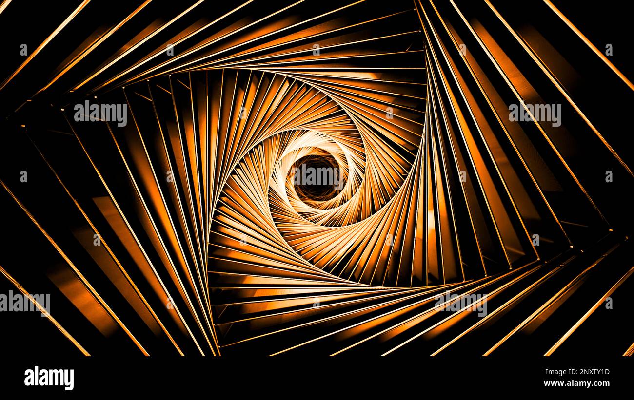 Spiral shaped 3D tunnel with moving golden lights. Design. Spinning ...