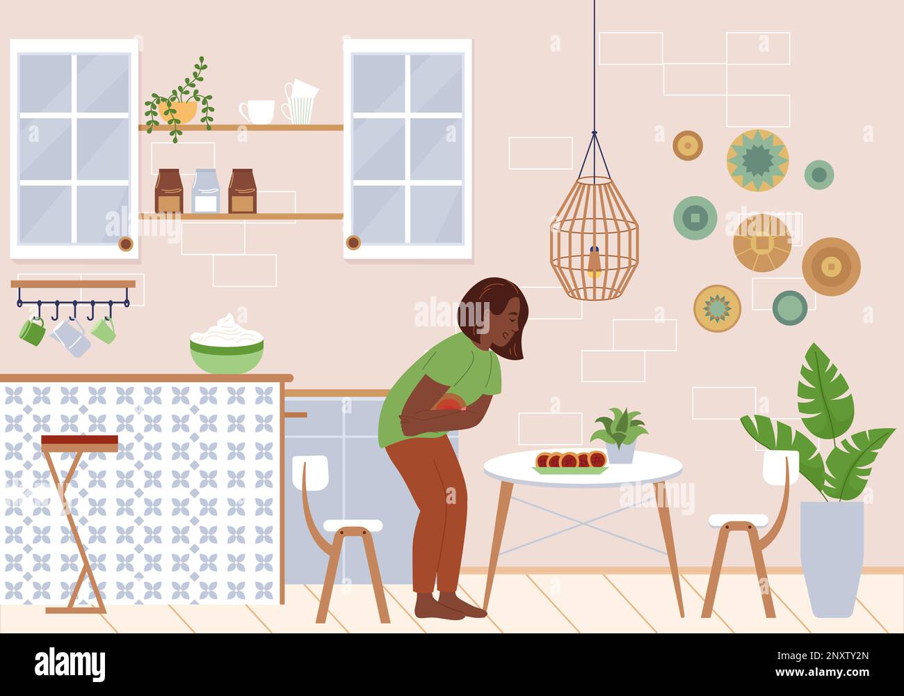 Physical pain and injury flat composition with kitchen interior and ...