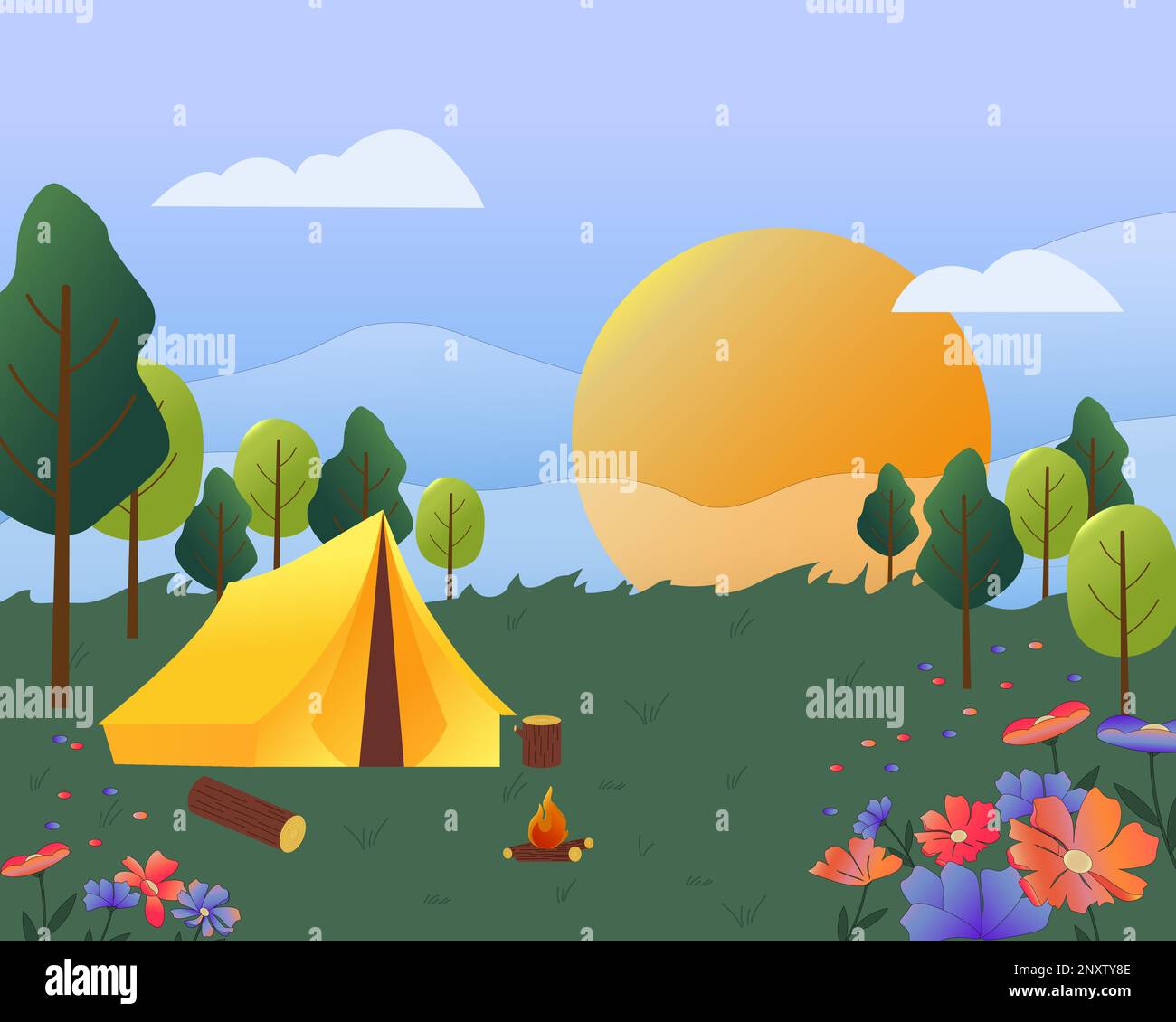 Camping. Tent, fire and accessories for country rest. Scenery Stock ...