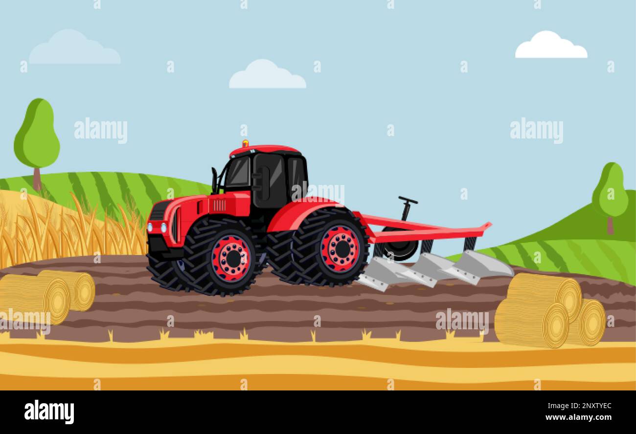 Agricultural machine flat composition with hay rolls and tractor with ...