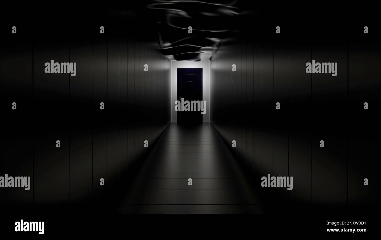 View inside of dark scary surreal corridor with a door at the end ...