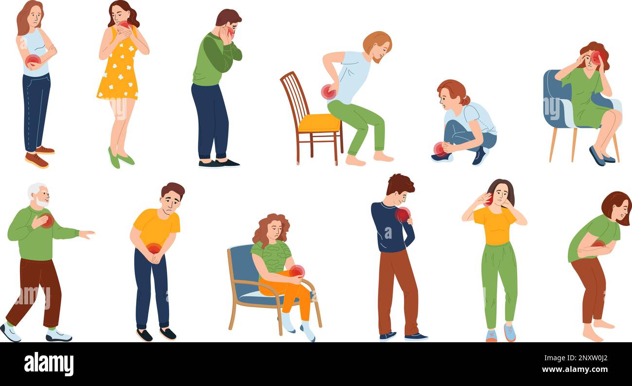 Physical pain and injury flat set of isolated icons with suffering ...