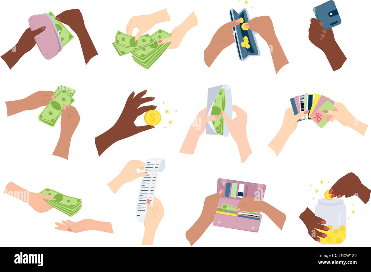 Hands with money flat icons collection with isolated hands of color holding payment methods and ...