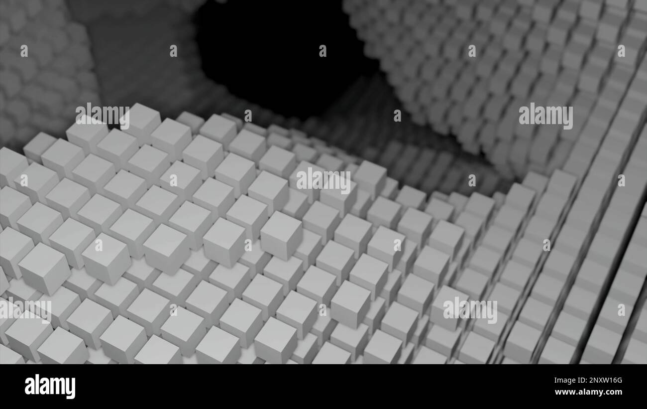 Abstract network reality with flying cubic shapes. Design. Giant ...