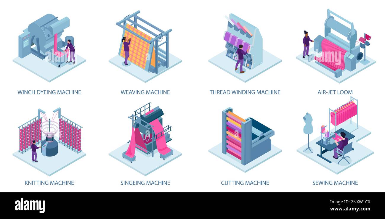 Isometric textile industry set with isolated compositions of text ...
