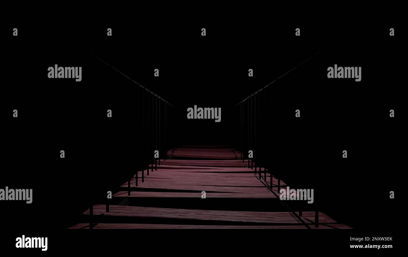 Abstract wooden bridge with rare planks on a dark background. Design ...