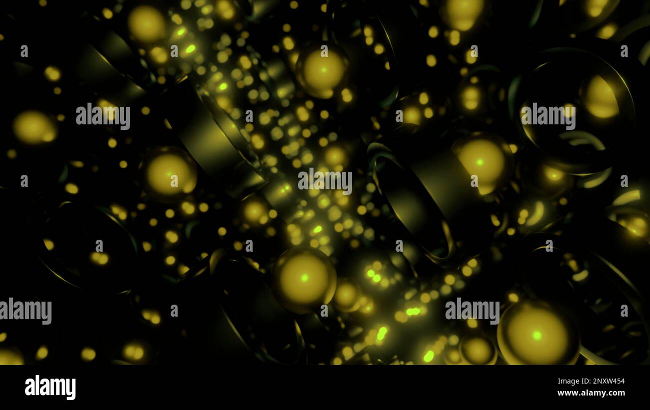 Abstract endless reality with 3D spheres flying through rings on a dark ...