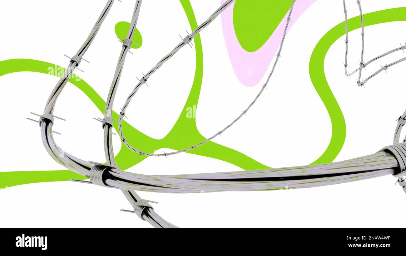 Colorful abstraction with stains and a barbed wire. Design. Curved ...