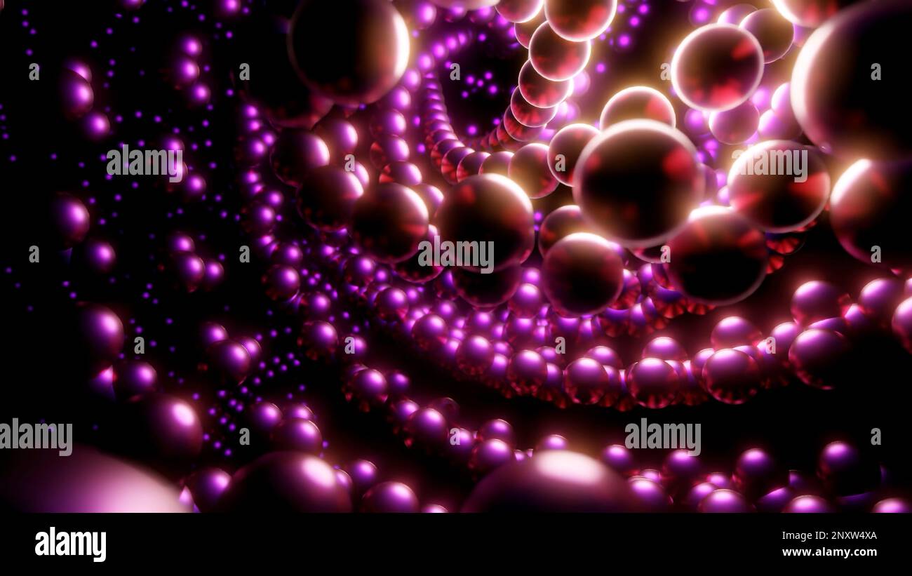 Dynamic colorful pattern of 3D swirl of small glowing spheres. Design. Rotating tornado of ...