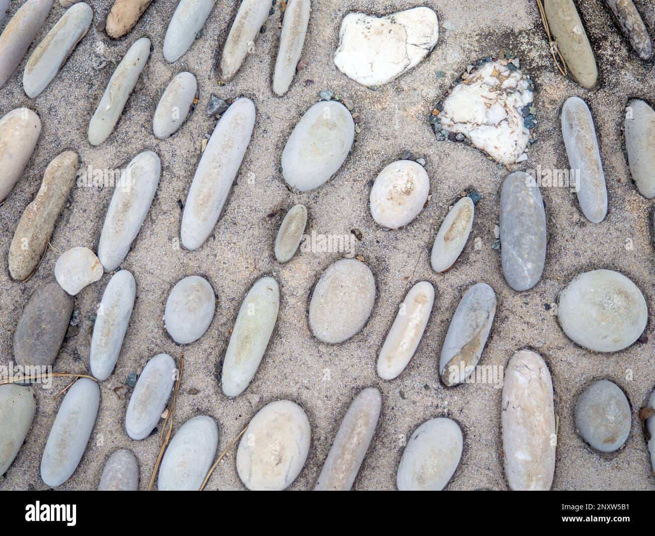 Pattern of sea stones in cement. Ground cover in the park. Background ...