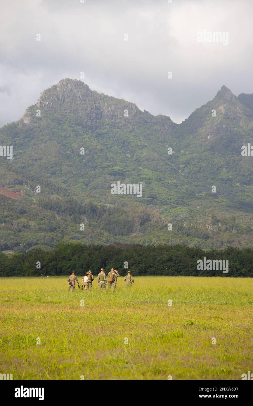 U.S. Marines and Navy Sailors survey a potential landing zone during a ...