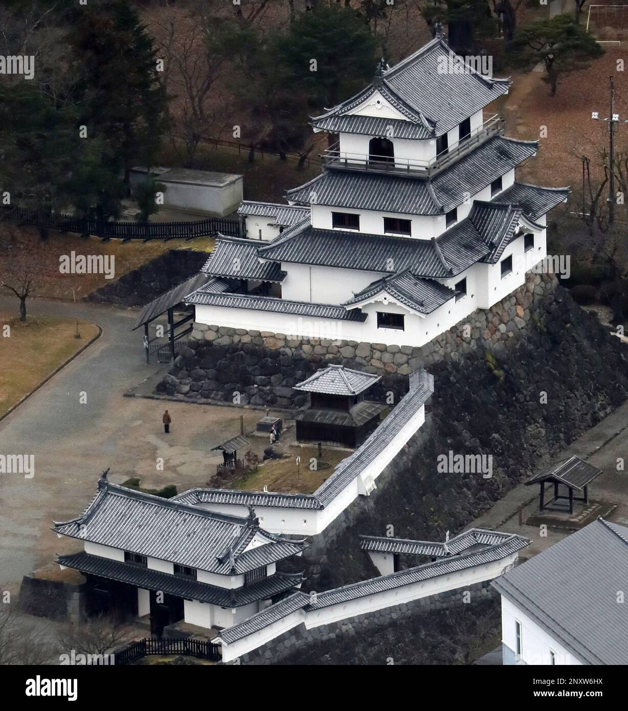 An aerial photo shows rebuilt Shiroishi-jo castle, another name Masuoka ...
