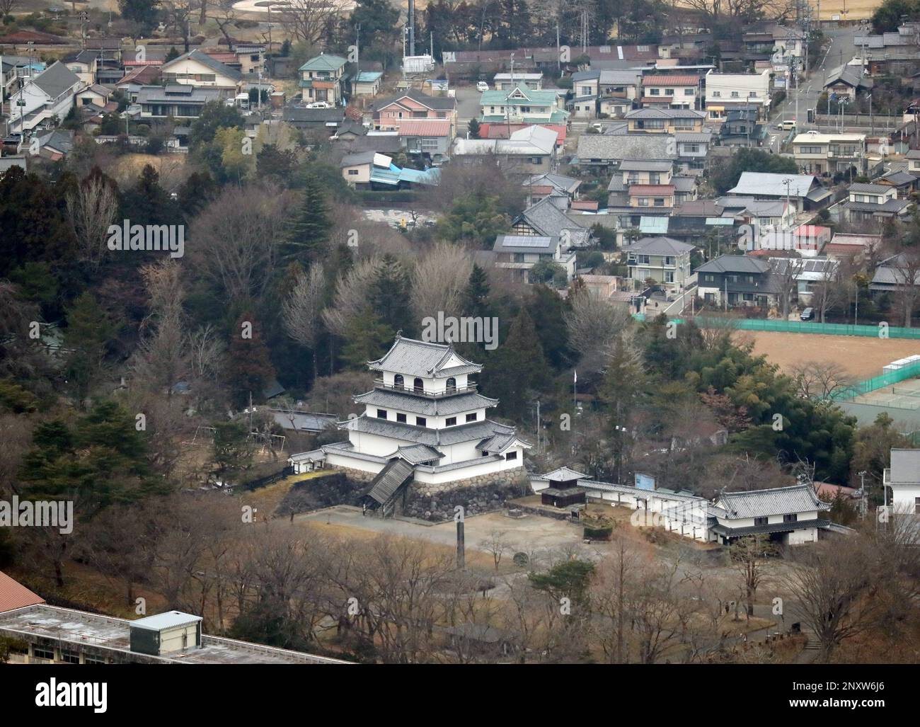 An aerial photo shows rebuilt Shiroishi-jo castle, another name Masuoka ...