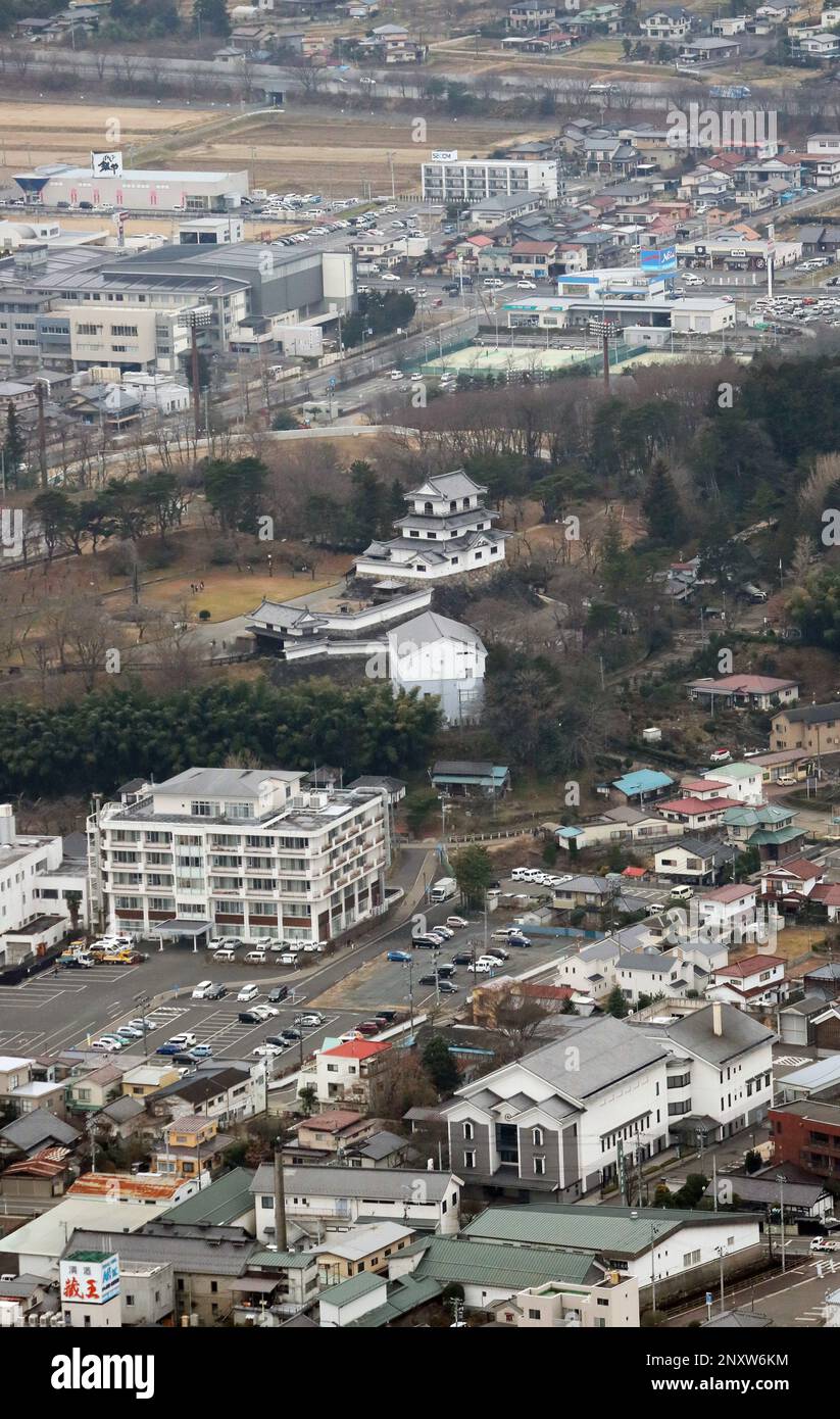 An aerial photo shows rebuilt Shiroishi-jo castle, another name Masuoka ...