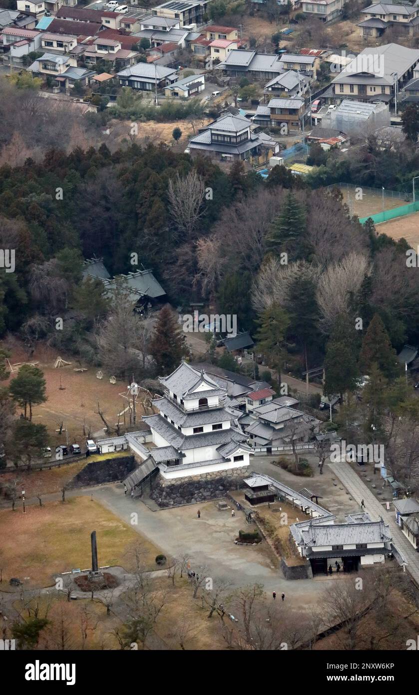 An aerial photo shows rebuilt Shiroishi-jo castle, another name Masuoka ...