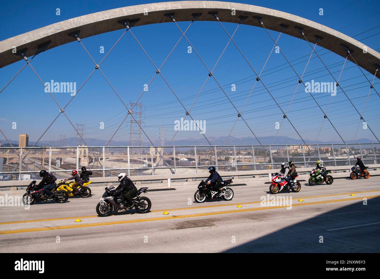 Motorcycle riders. 6th Street Viaduct, Los Angeles, California, United ...