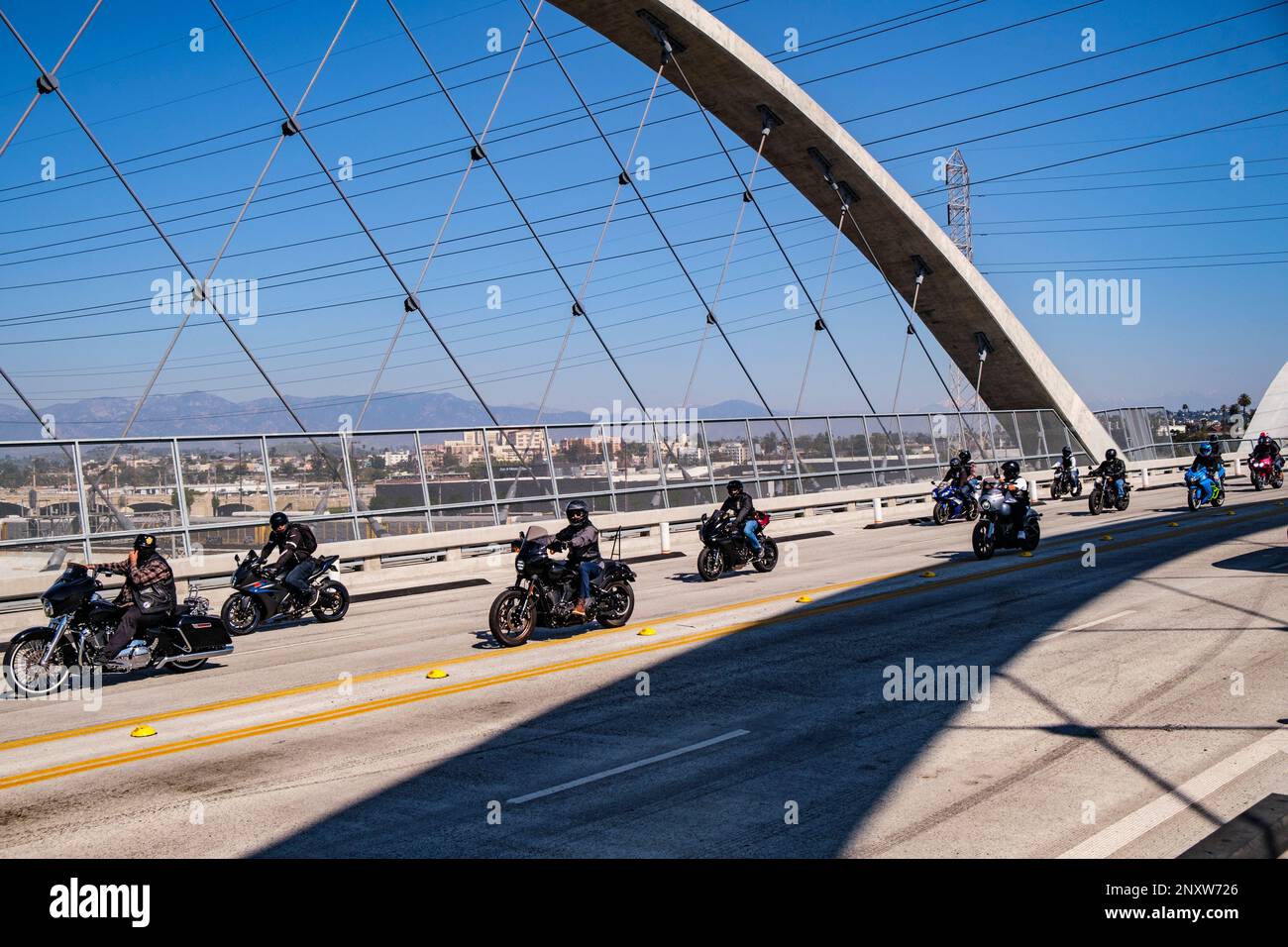 Motorcycle riders. 6th Street Viaduct, Los Angeles, California, United ...