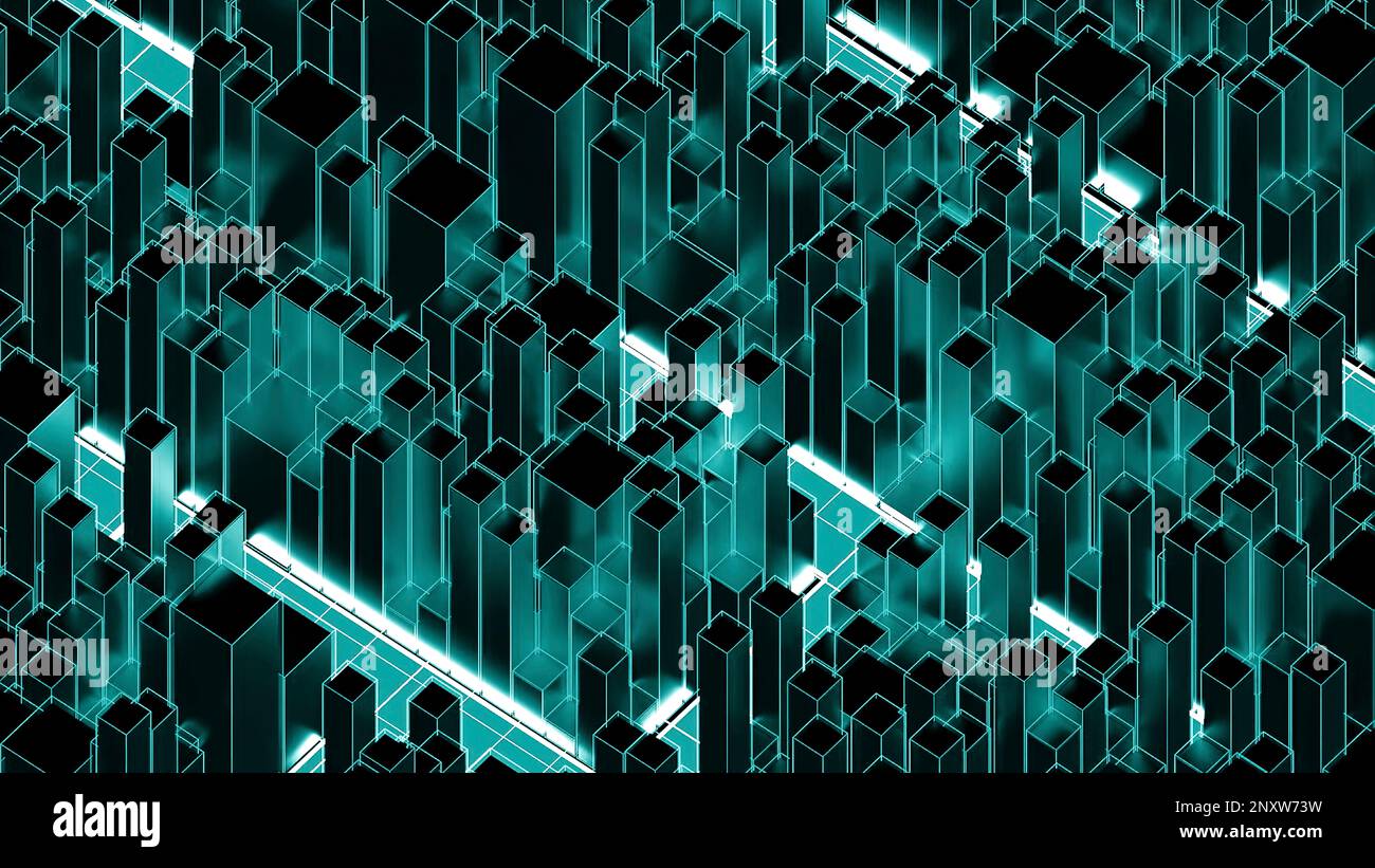 Model of animated city built up in neon turquoise lighting. Design ...