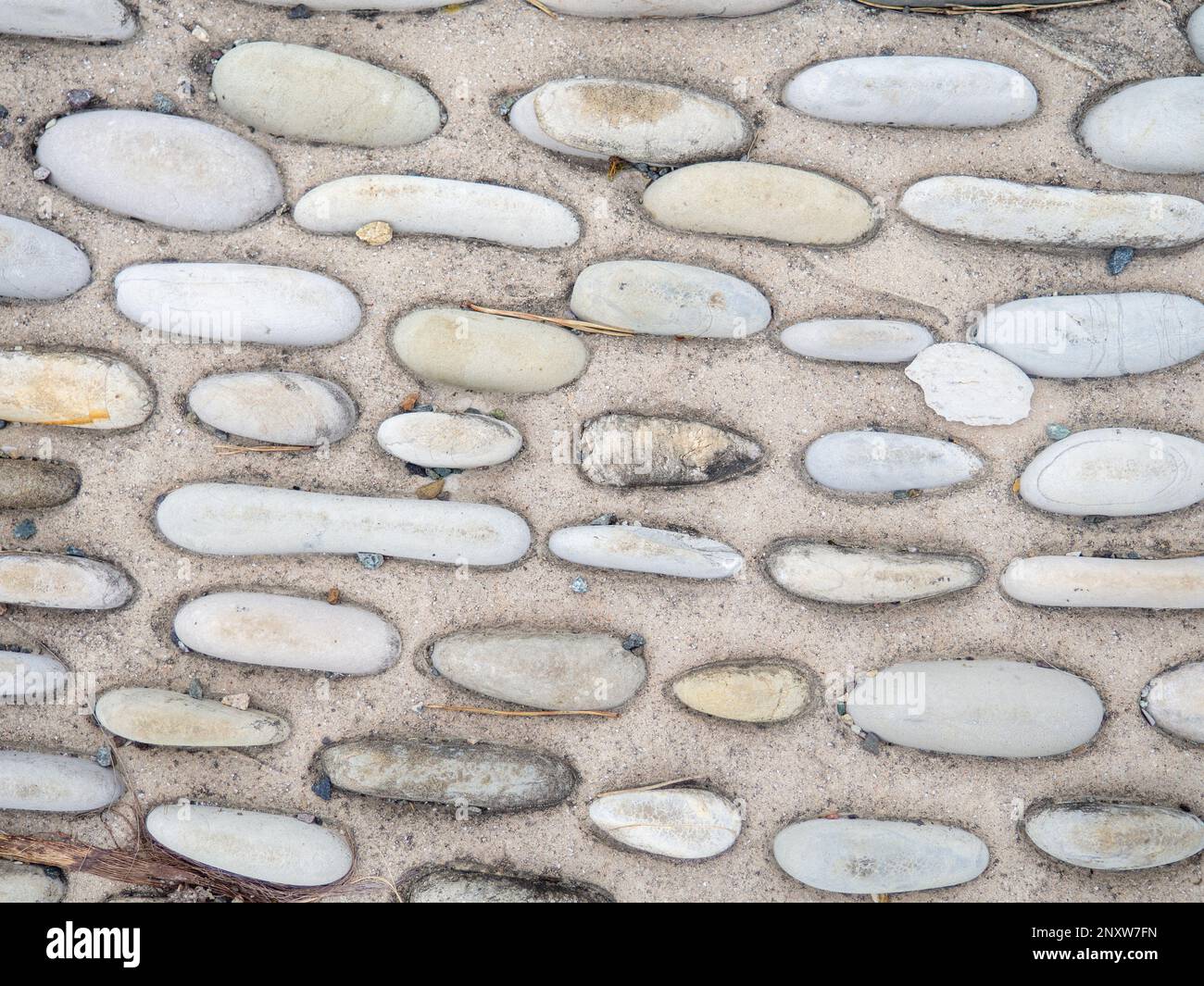 Pattern of sea stones in cement. Ground cover in the park. Background ...