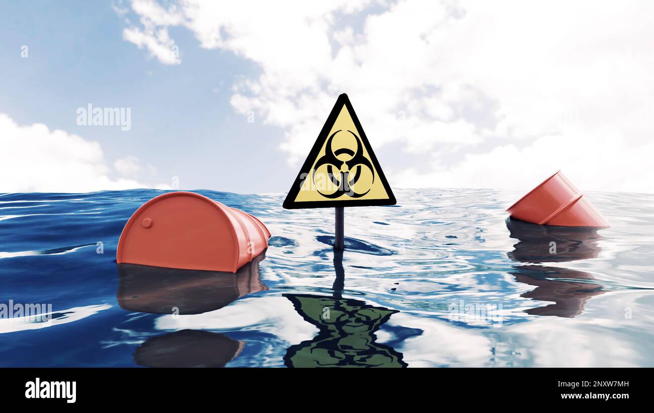 Concept of water pollution and ecology problems. Design. Barrels of ...