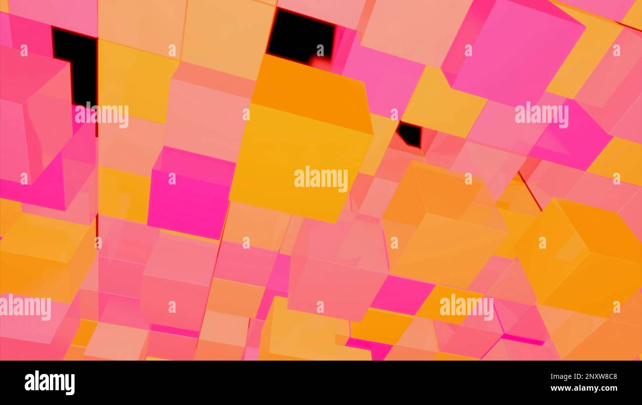 Abstract bright cubes moving upwards and backwards on a black ...