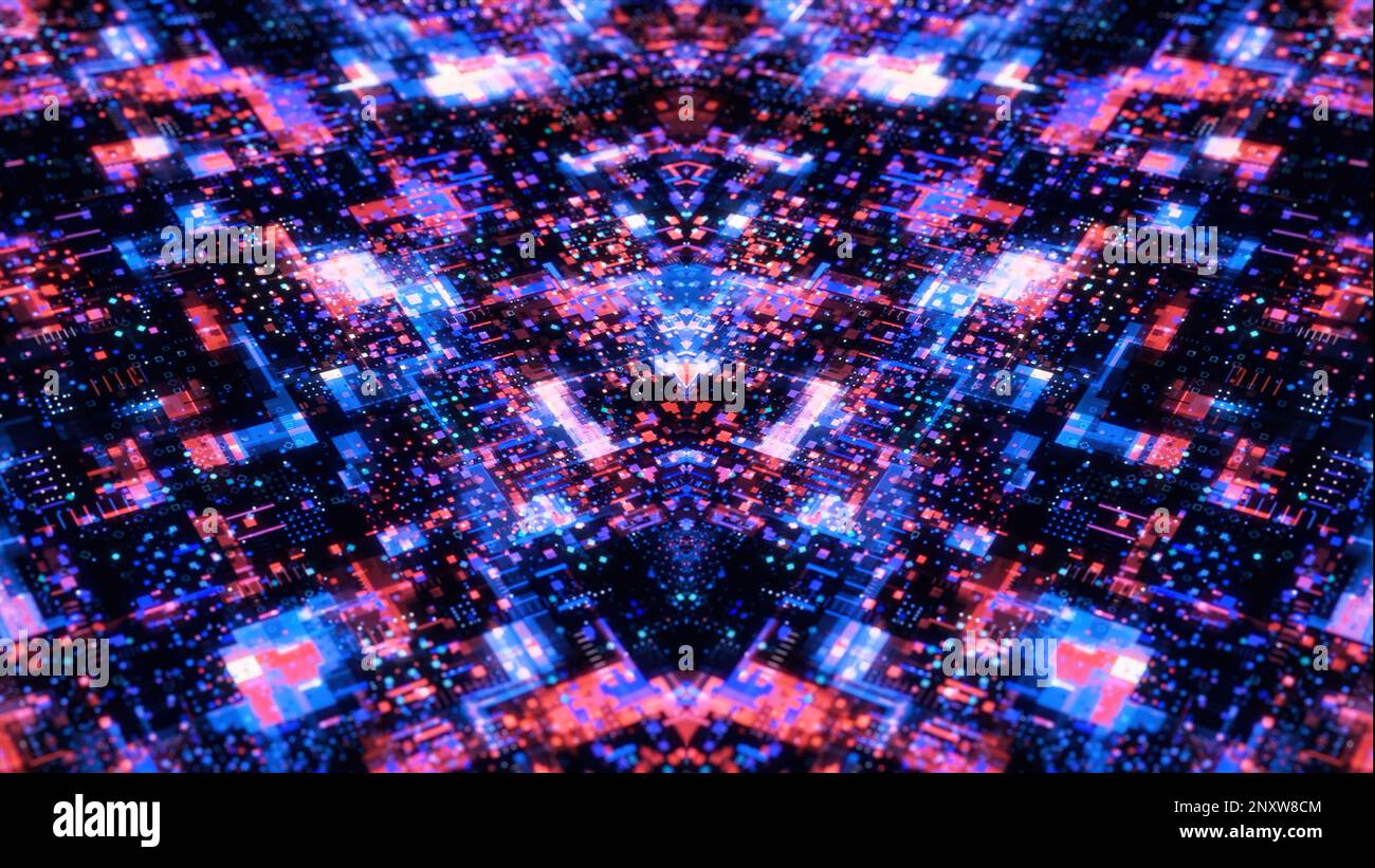 Pixelated pattern with blue and pink shimmering squares slowly moving ...