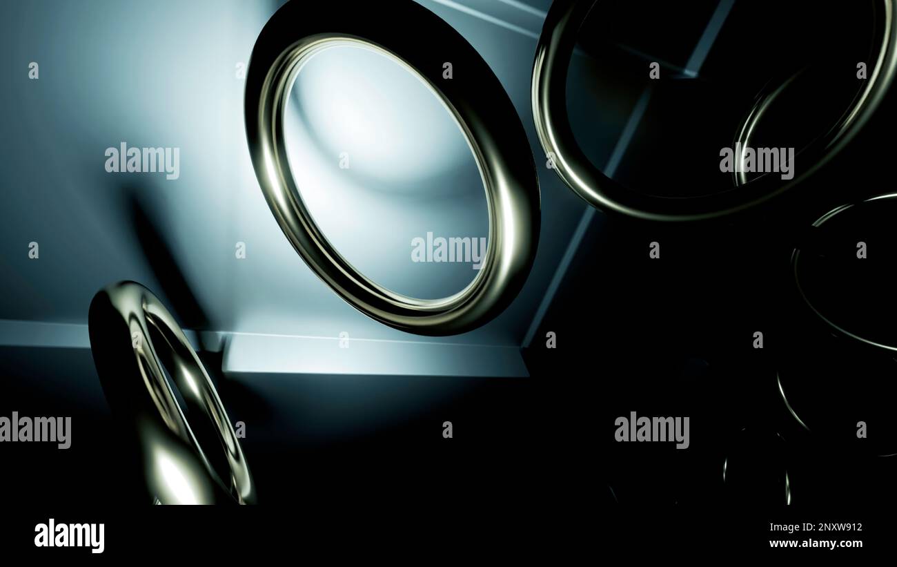 Abstract flying and spinning metal gold rings background. Design ...