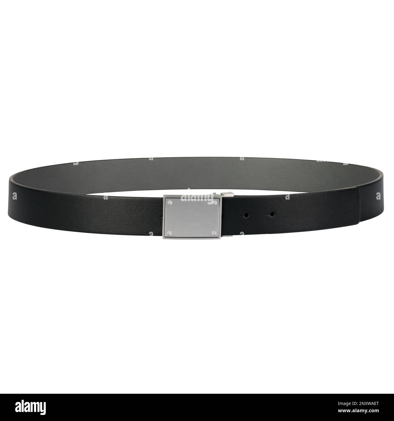 Classic black leather belt with chrome buckle, isolated on white ...
