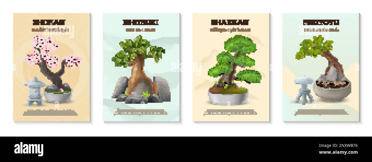 Japanese Bonsai tree types realistic poster set isolated vector illustration Stock Vector Image ...
