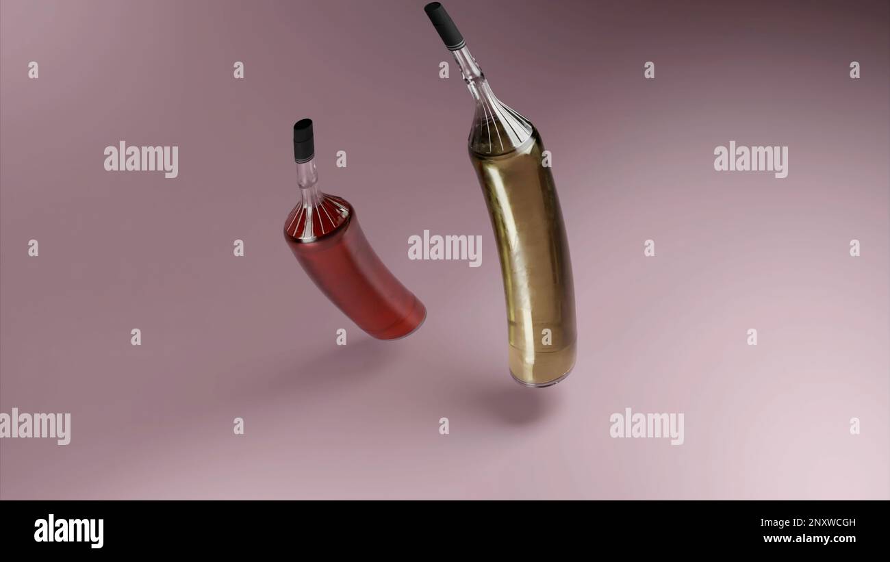 Abstract rotating bottles of white and red wine isolated on a pink ...