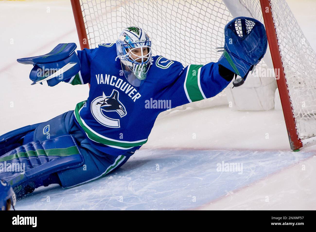 December 19, 2017: Vancouver Canucks goalie Anders Nilsson (31) jumps ...