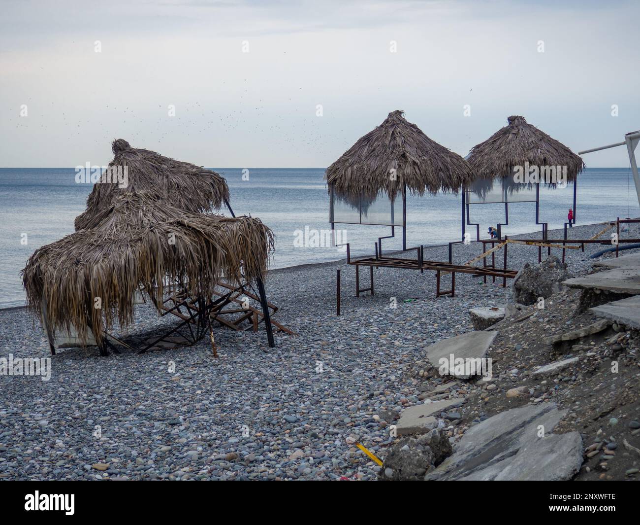 Beach houses with thatched roof in winter. Destroyed scenery on the ...