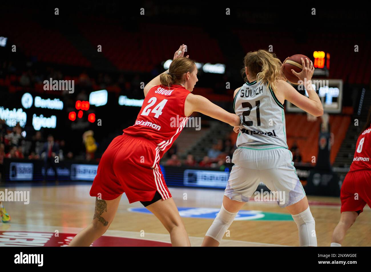 Kylee Shook of Olympiacos SFP (L) and Marie Gulich of Valencia Basket ...