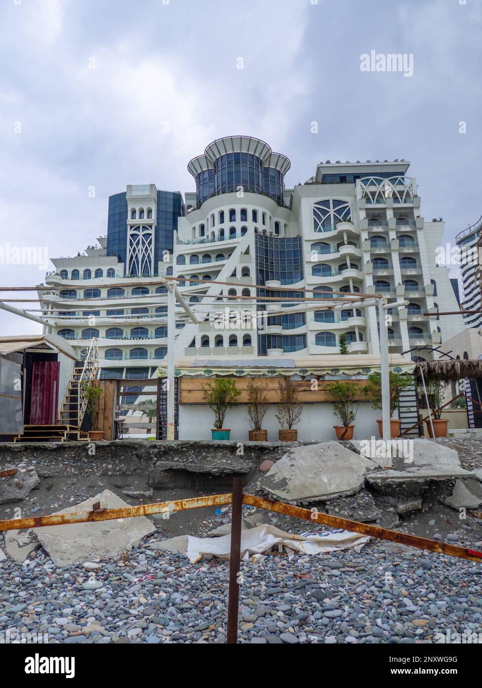 Unusual hotel building. Old architecture of the seaside town. Resort ...
