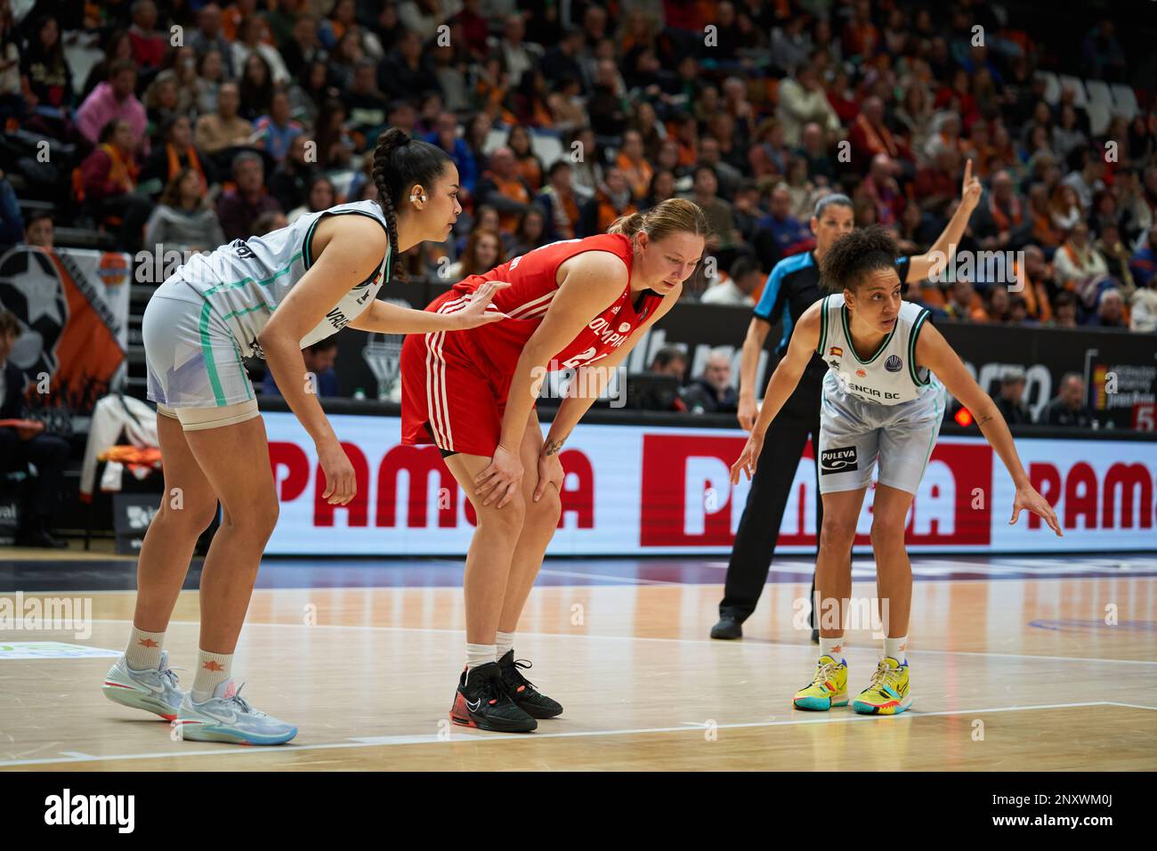 Noa Morro of Valencia Basket (L), Kylee Shook of Olympiacos SFP (C) and ...