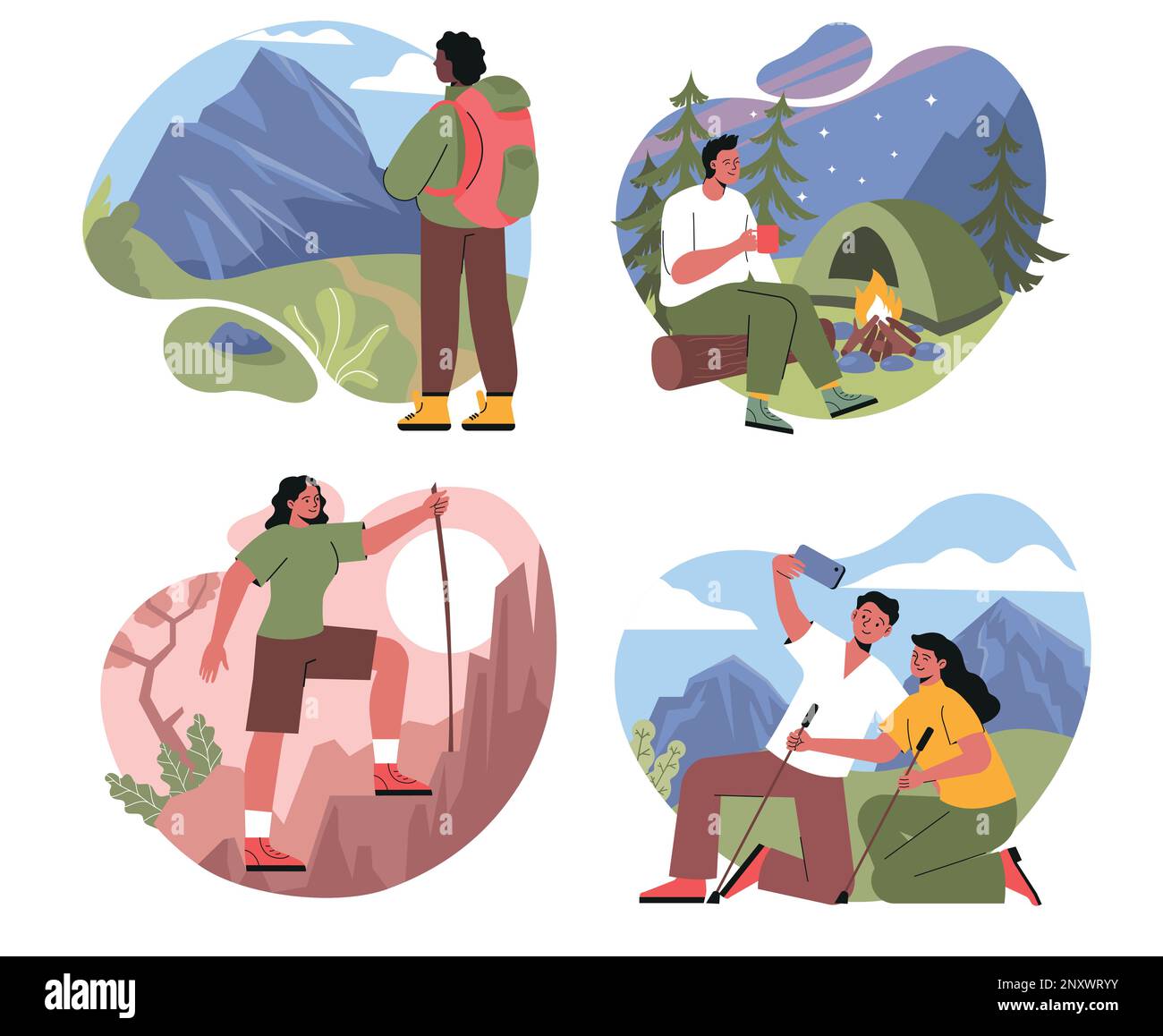 Hiking travel or camping trip set of scenes Stock Vector Image & Art ...