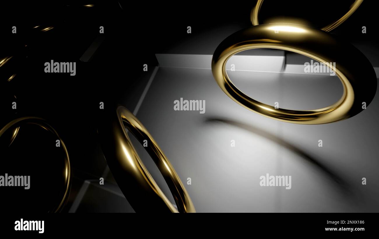 Abstract flying and spinning metal gold rings background. Design ...