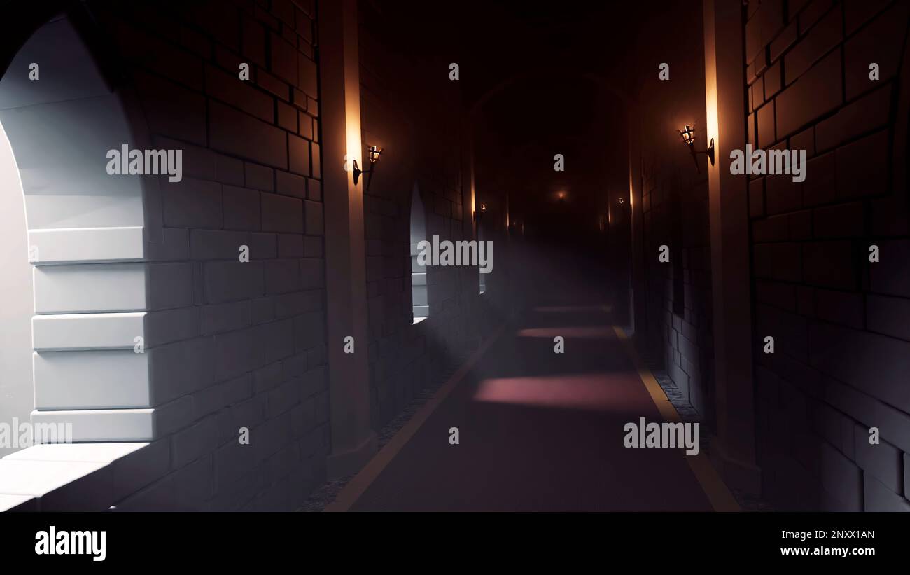 Dark castle corridor with hanging candles and red carpet. Design ...