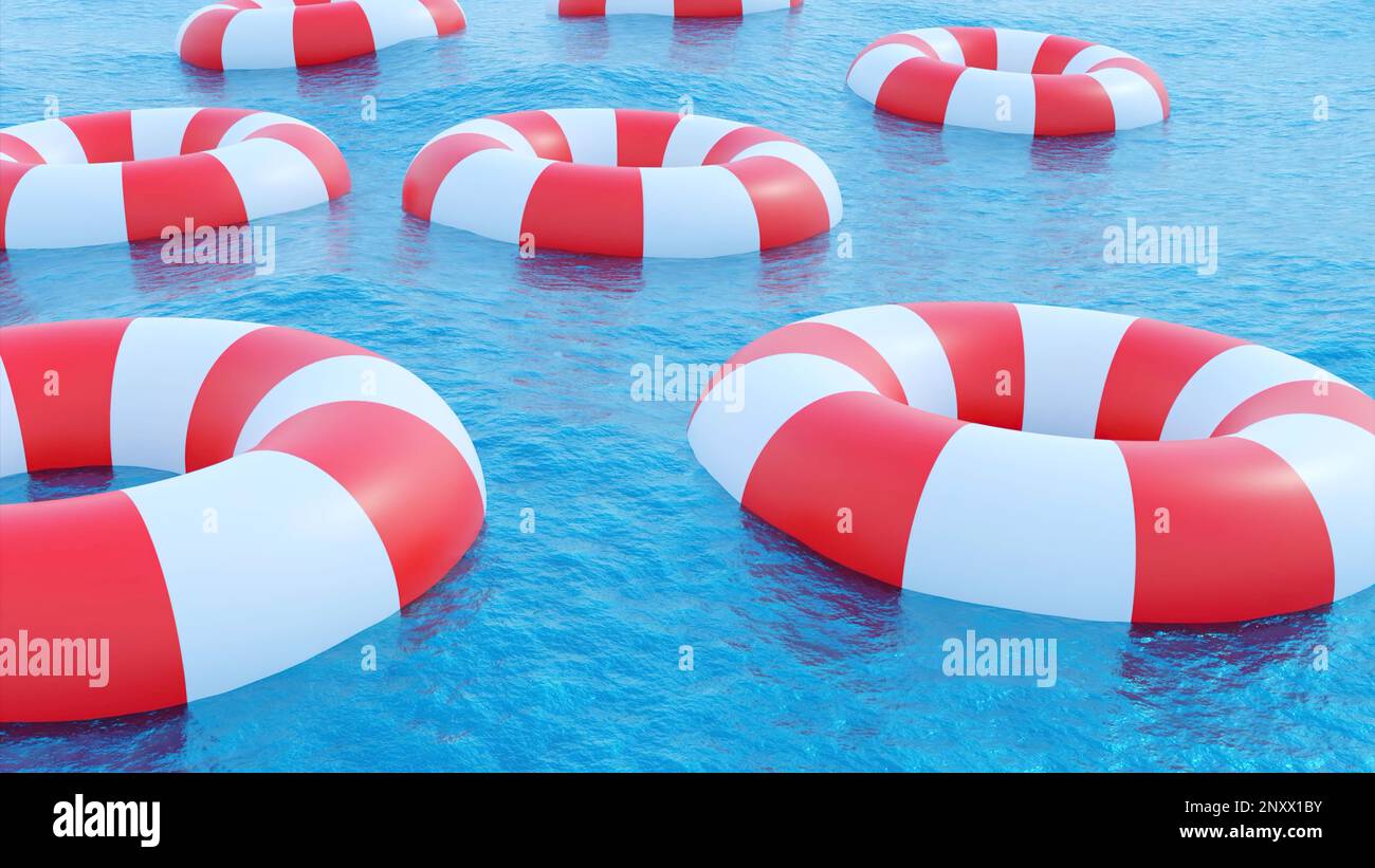 Close up of abstract floating rescue buoys on the water surface. Design ...