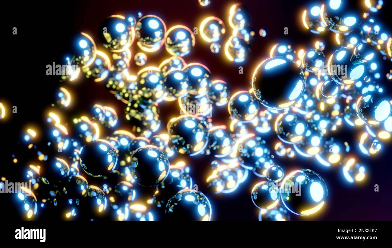 Abstract metal flying balls on a black background. Design. Silver ...