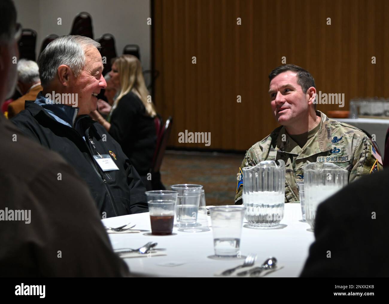 U.S. Space Force Col. Bryan Titus speaks with members of the Military ...