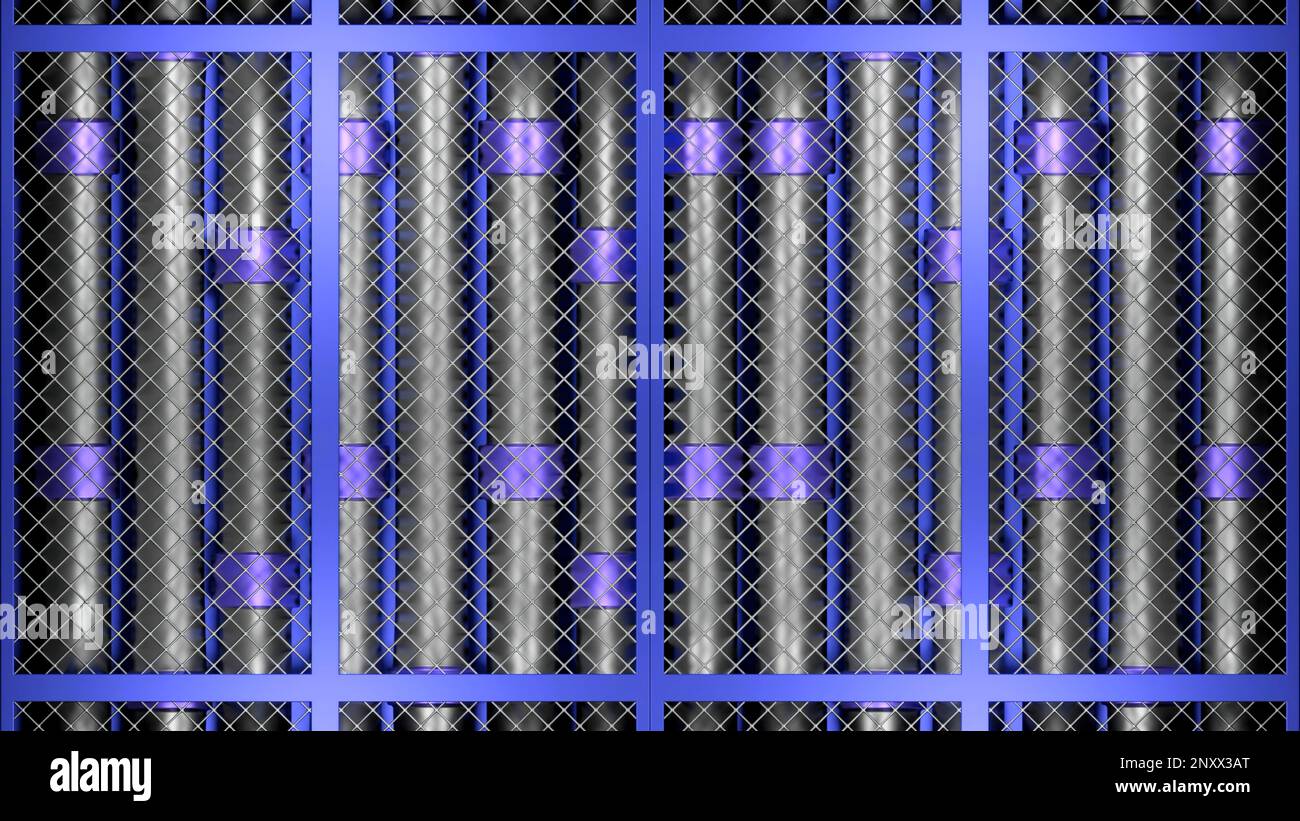 Abstract rows of metal pipes behind metal grid. Design. Abstract ...