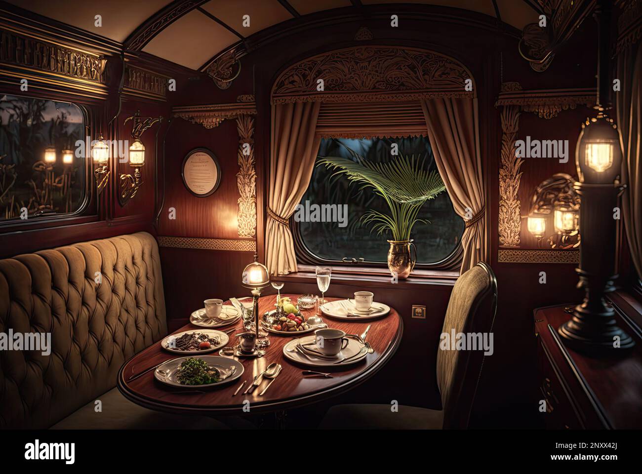 Train interior, dining car, 19th century, wood, luxury. Generative AI ...